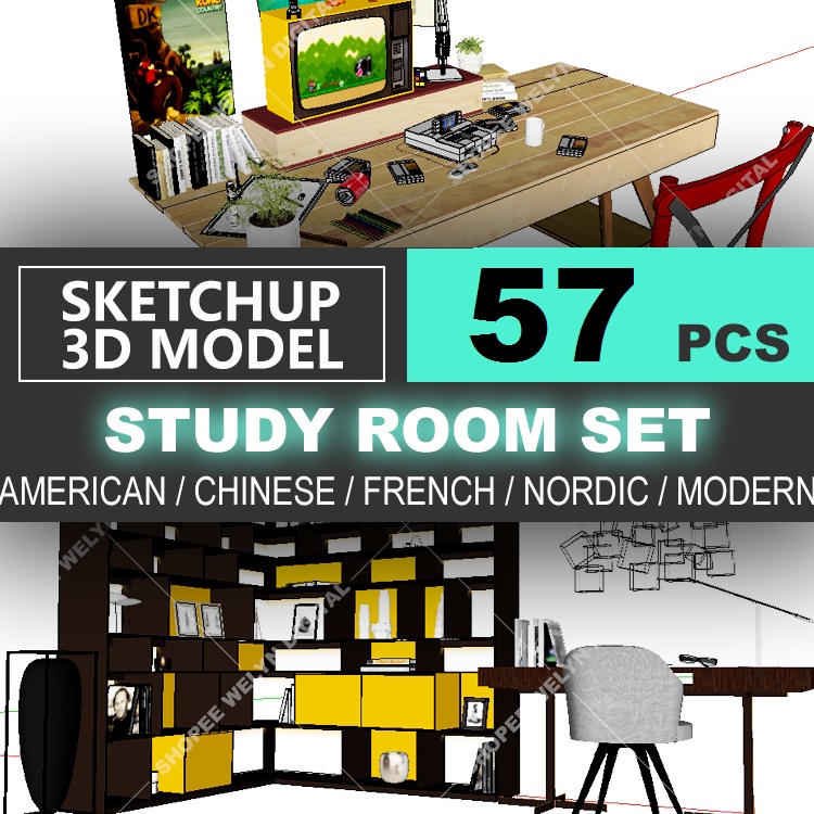 SketchUp | 2022 3D Model Study Room Set Scene 57 for home interior ...