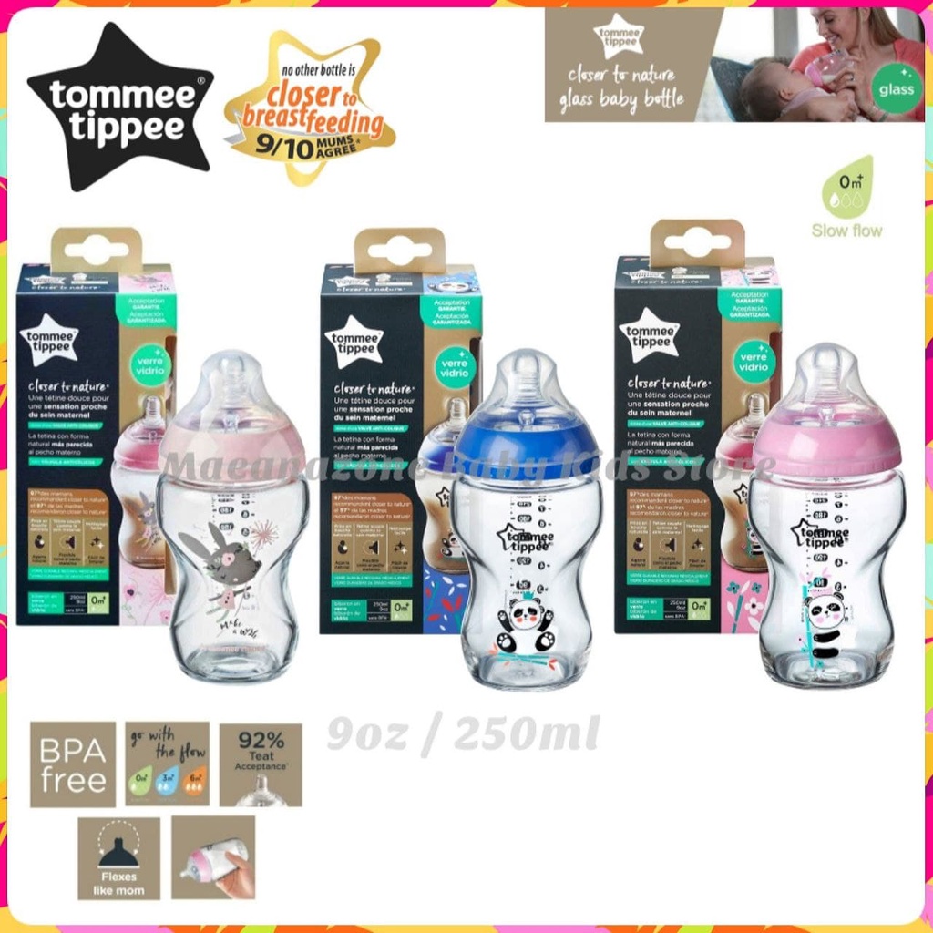 Tommee Tippee Closer To Nature 9oz / 250ml Glass Decorated Bottle Feeding Botol Susu - Blue Pink ...