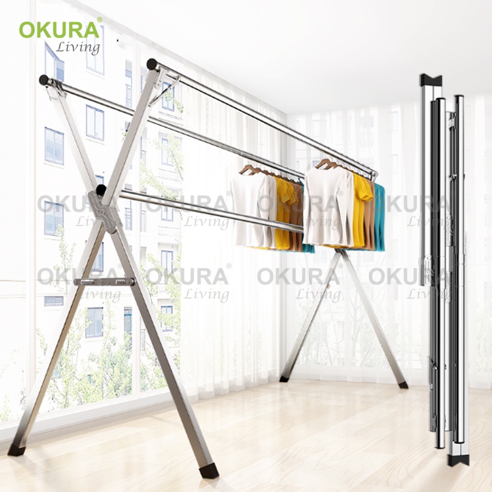 OKURA Foldable/Extendable Stainless Steel Telescope 3 Pole Cloth Hanger ...