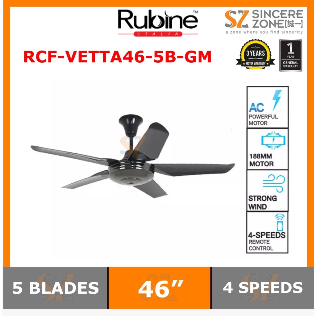 Rubine Ceiling Fan RCF-VETTA46-5B-GM / 5-Blades / Remote Control With Timer / AC Motor | Shopee ...