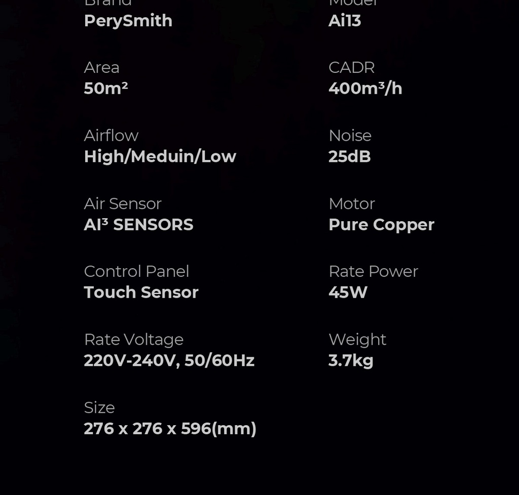 PERYSMITH SMART AIR PURIFIER Ai SERIES Ai13 - PerySmith Malaysia