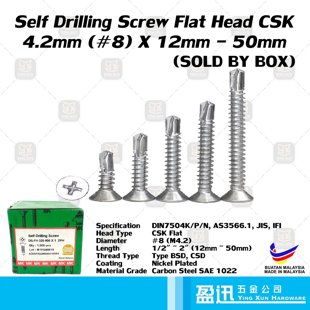 Self Drilling Screw Skru Besi Mata Drill Skru - Flat Head #8 x 1/2 ...
