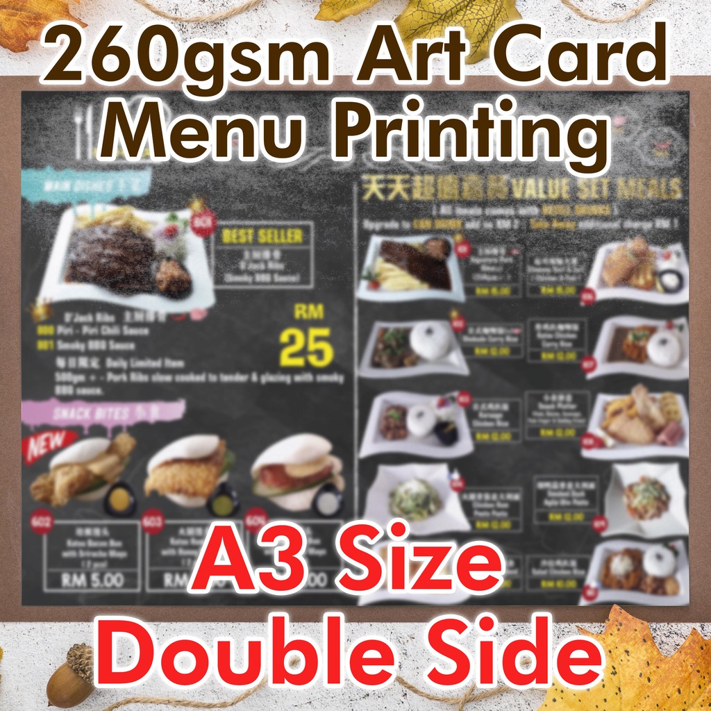 A3 Size Food Menu Printing / 260gsm Art card / Hard Lamination / Matt ...