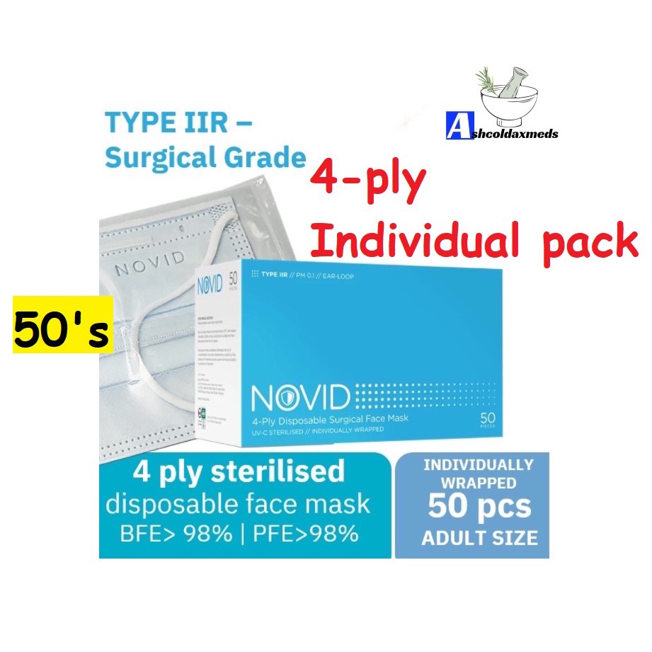 (BLUE) [Individually Wrapped] Novid 4 Ply Disposable Surgical Face Mask ...