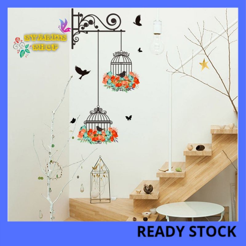 Colorful Flower birdcage flying birds wall sticker Creative home decor ...