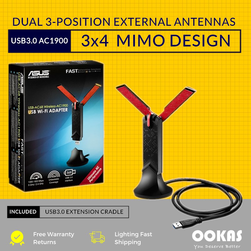 Asus USB-AC68 3x4 Mimo AC1900 USB 3.0 Dual Band 2.4 + 5GHz Wireless Wifi Adapter | Shopee Malaysia