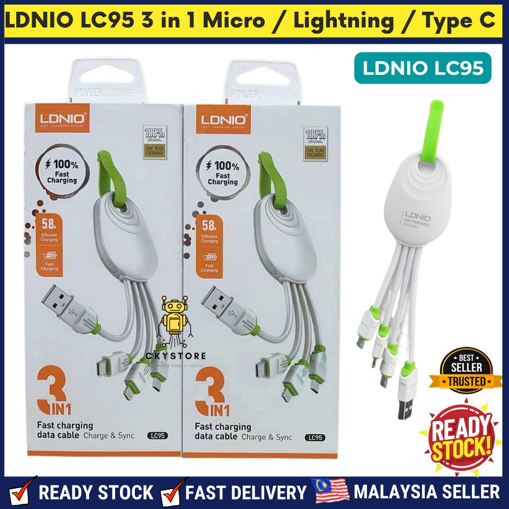LDNIO LC95 3 in 1 Micro / IP / Type C Fast Charging USB Cable 5.8A ...