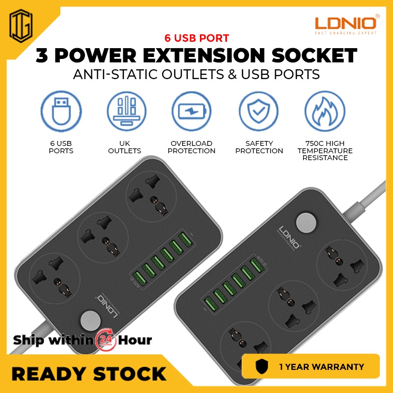 LDNIO 6 USB Port 3 Power Extension Socket Anti Static UK 3 Pin Outlets ...