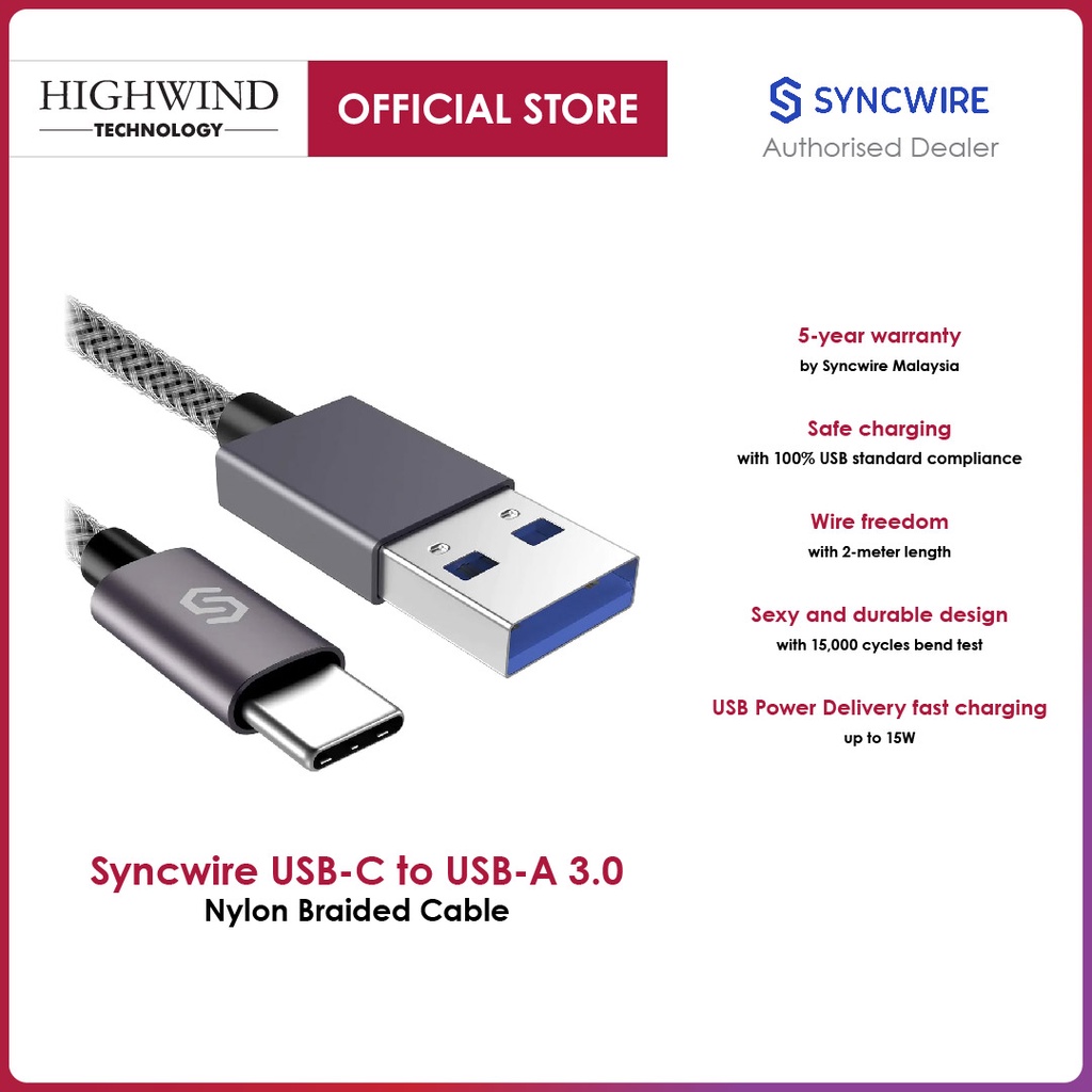[5-Year Warranty] Syncwire USB-C to USB 3.0 Nylon Braided Cable (2m) | Shopee Malaysia