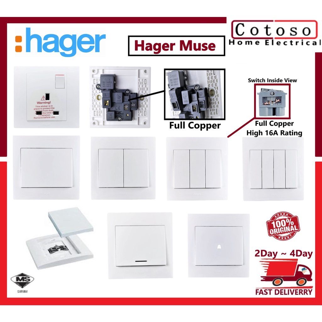 HAGER Muse 1G /2G /3G/ 4G/ Bell Switch /20a Double pole (Hager Muse ...