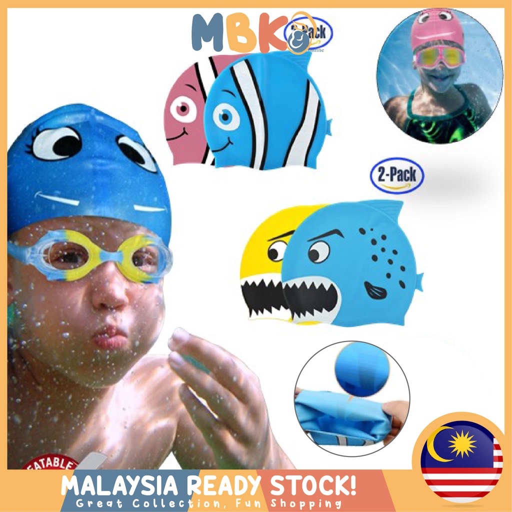 Kids Swimming Hat Cap Silicone (2 PCS PER SET) Animal Fish Shaped Cute ...