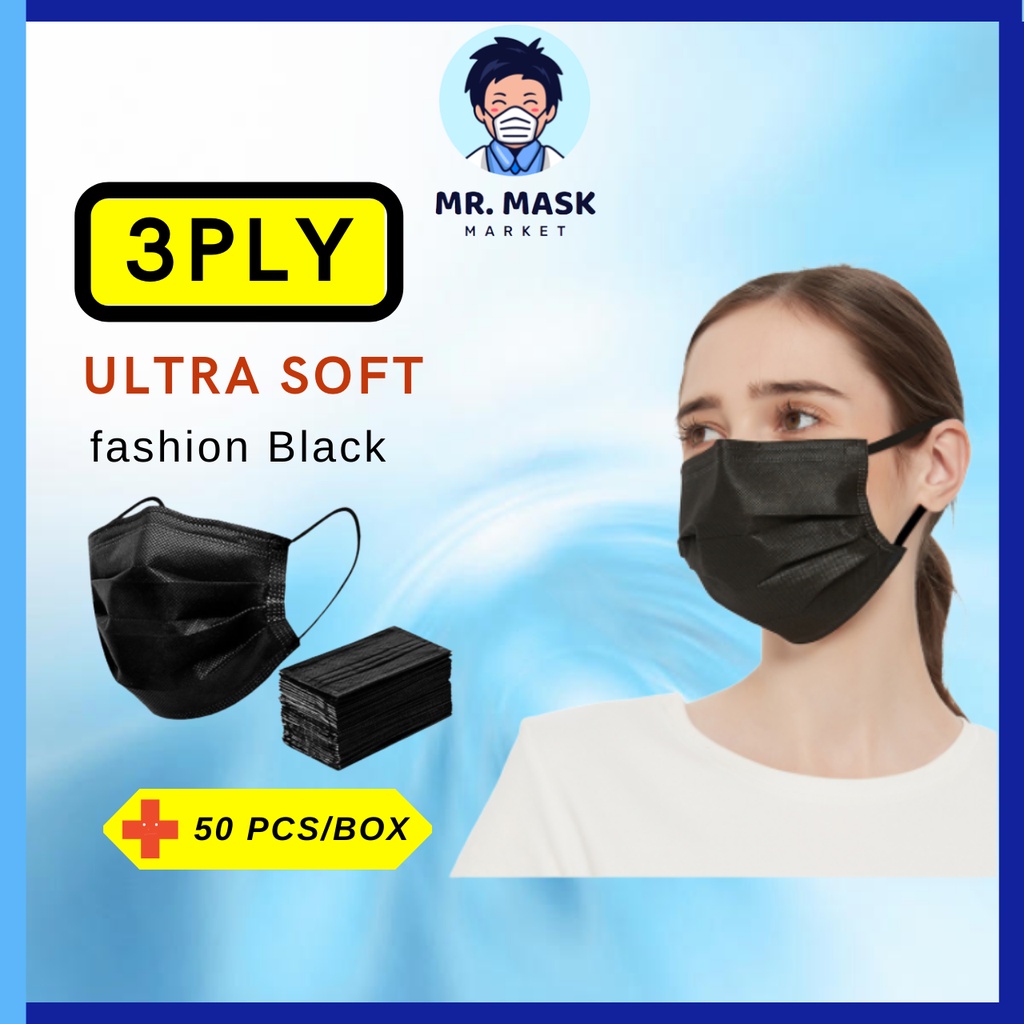 MR.MASK 50pcs Ultra Comfort Full Black colour 3ply kf94 Face mask Non ...