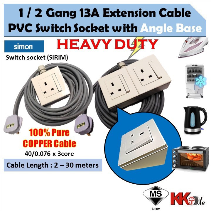 (2800W) Heavy Duty Extension Cable wire with Angle Base - 1 Gang 2 Gang ...