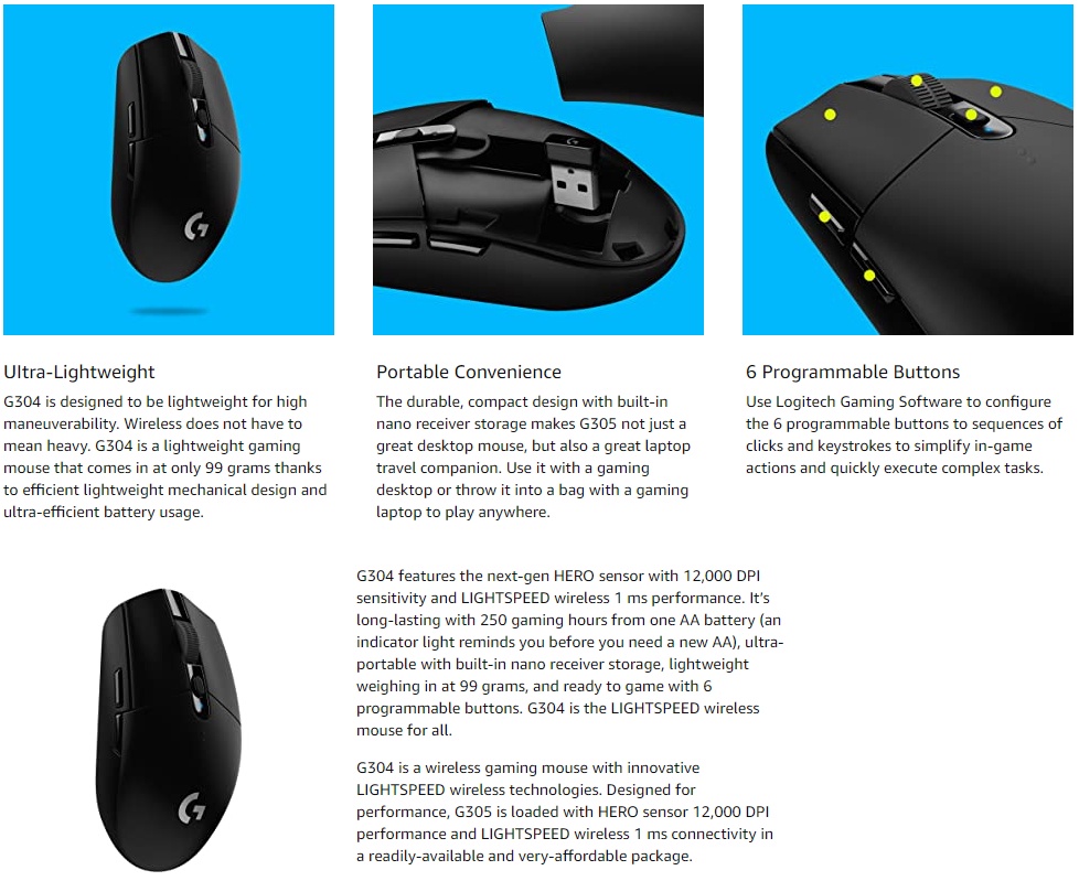 Logitech G304 Lightspeed Wireless Gaming Mouse - 12,000 DPI / 6 Buttons ...