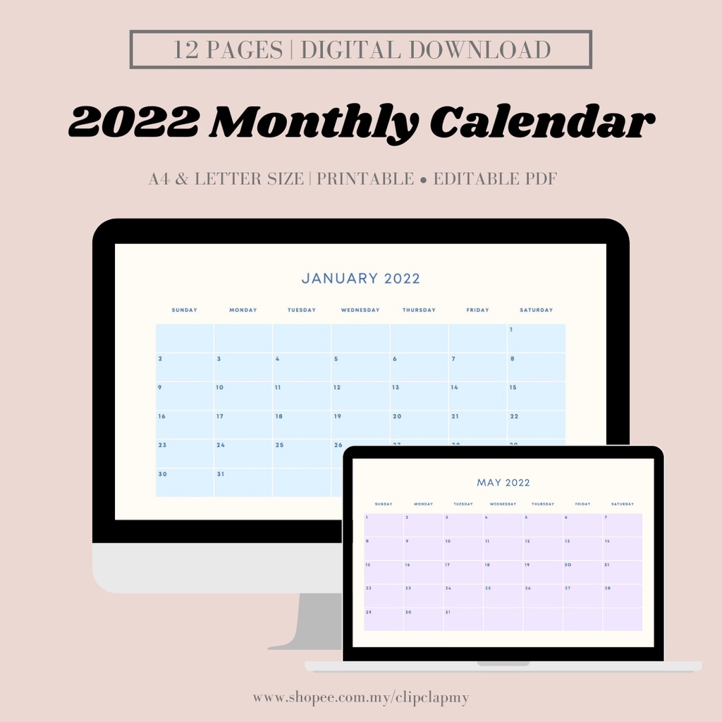 Monthly Editable Calendar 2022 | Planner Calendar | PDF Editable ...