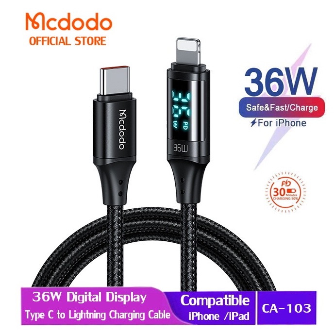 Mcdodo CA-1030 PD 3A USB Data Cable / 36W PD Fast Quick Charge / Digital Display / Type C To IP ...