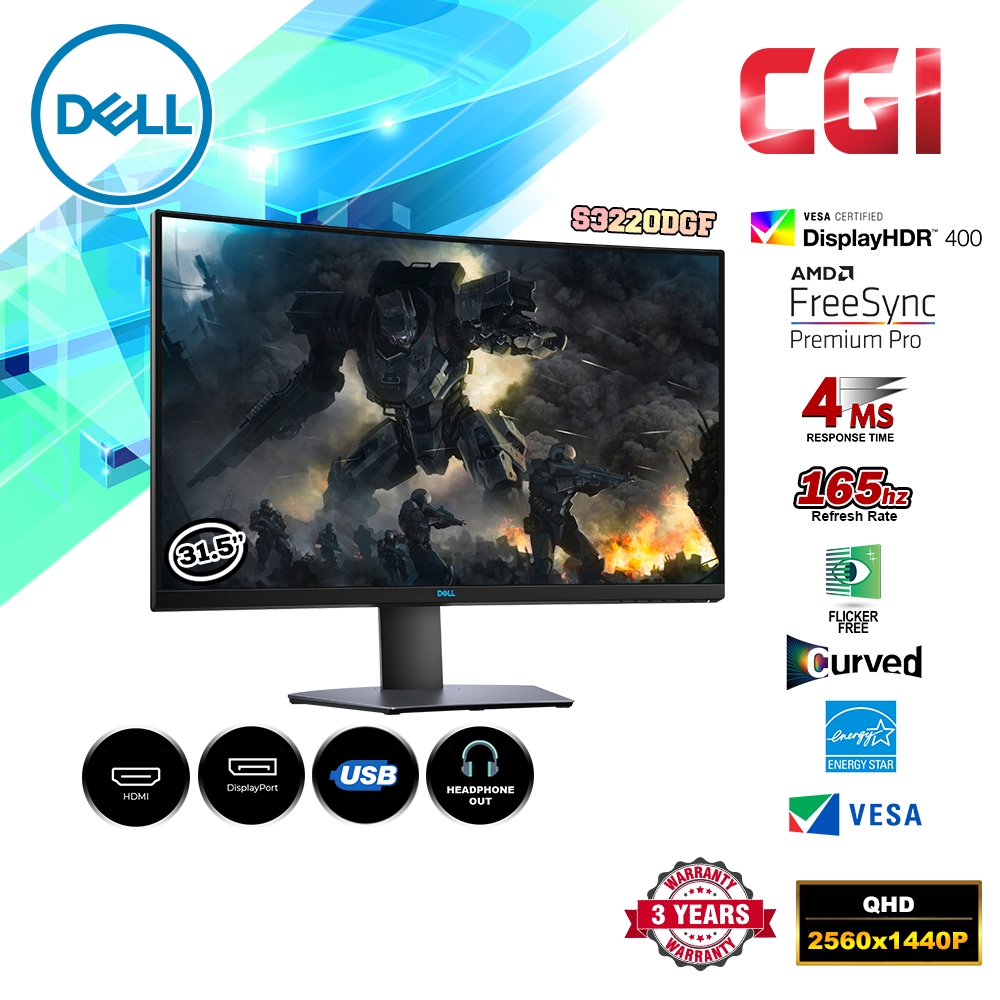 Dell 32" S3220DGF QHD HDR VA 165Hz 4ms AMD FreeSync Premium Pro HDMI DP ...