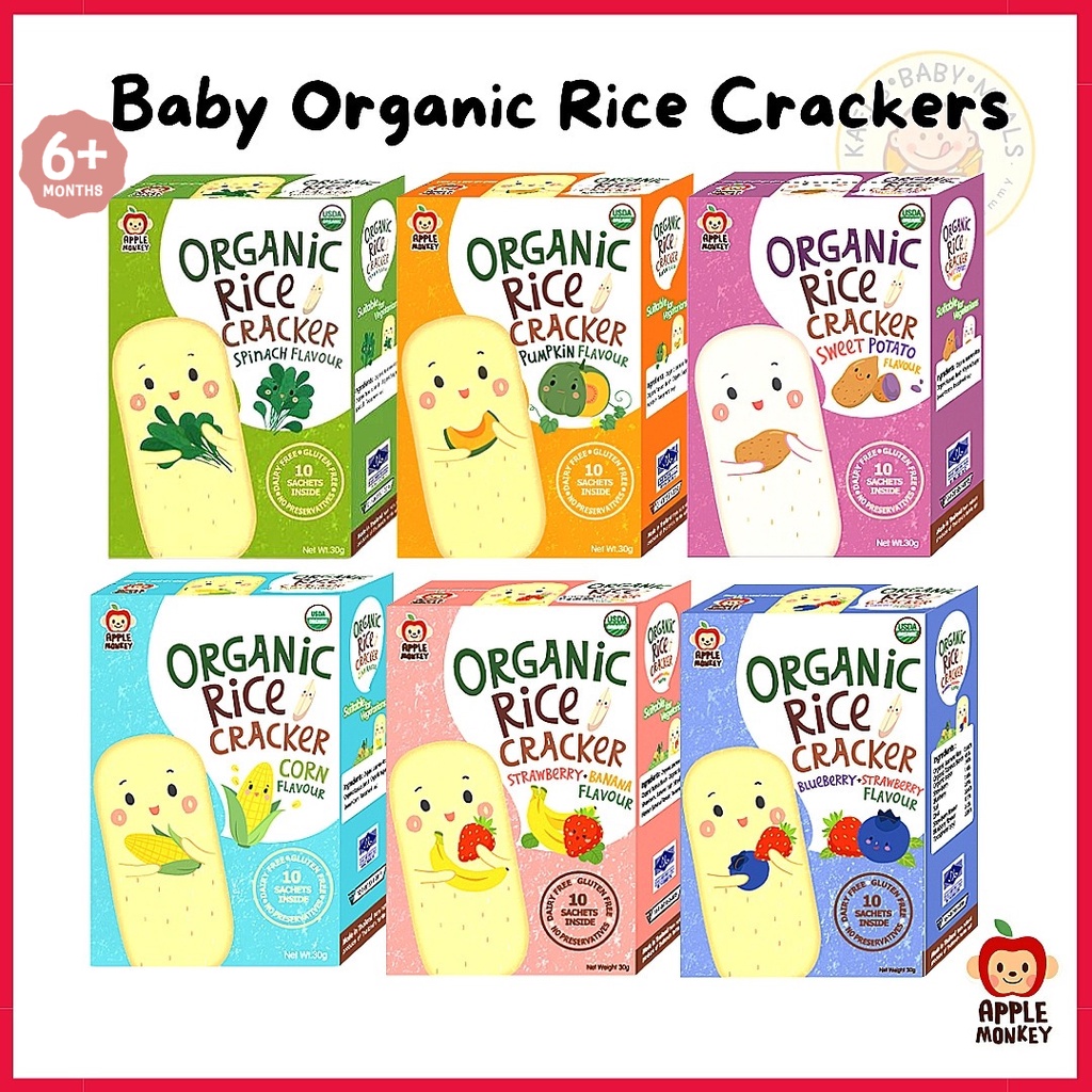 APPLE MONKEY Baby Snack Organic rice crackers for 6 months 30g HALAL 10 ...