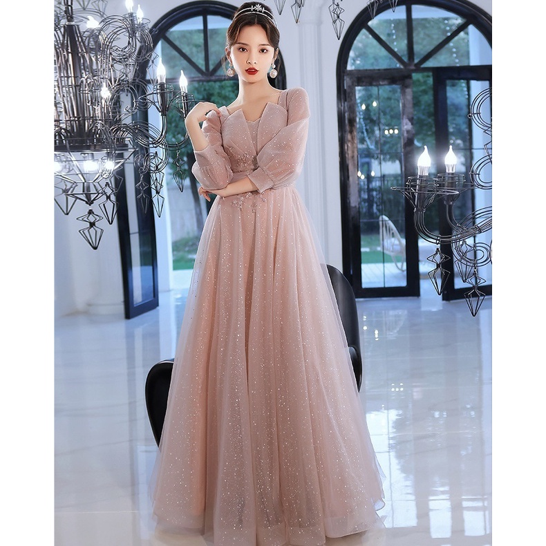 Pink Evening Dress Temperament Long-sleeved Starry Sequin Slim A-line ...