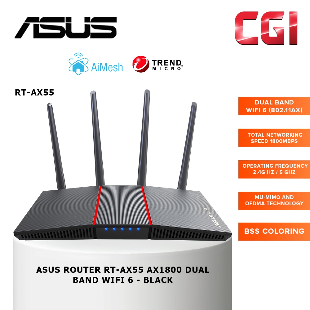 Asus RT-AX55 AX1800 Dual Band WiFi 6 80MHz MU-MIMO OFDMA AiProtection ...