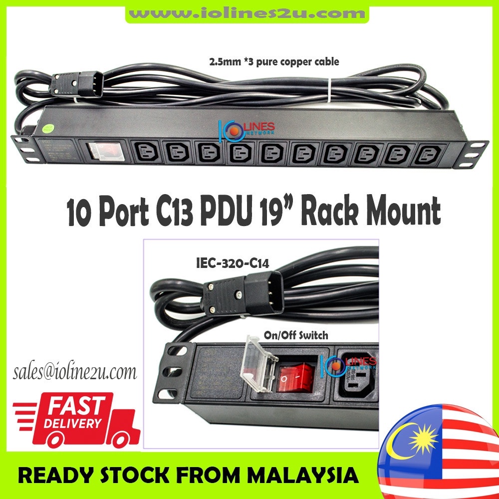 10 Gang C13 16A 1U Rack mount 19" IEC PDU IEC-320-C13 PORT OUTPUT & C14 INPUT 10A 230V 3m 2.5mm ...