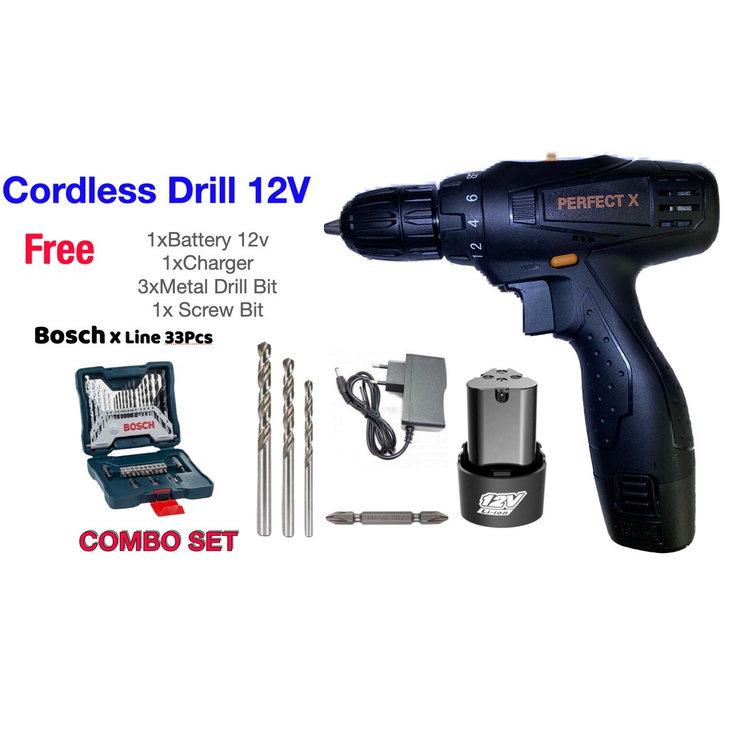 L MALL Cordless Drill 12v Combo Set Bosch X Line 33Pcs Drill Bit Set ...