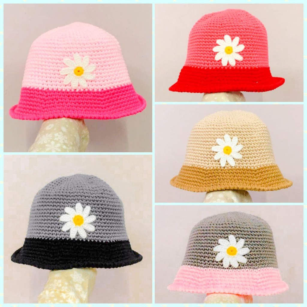HANDMADE | CROCHET KNIT BUCKET HAT DAISY FLOWER | TOPI KAIT | Shopee ...