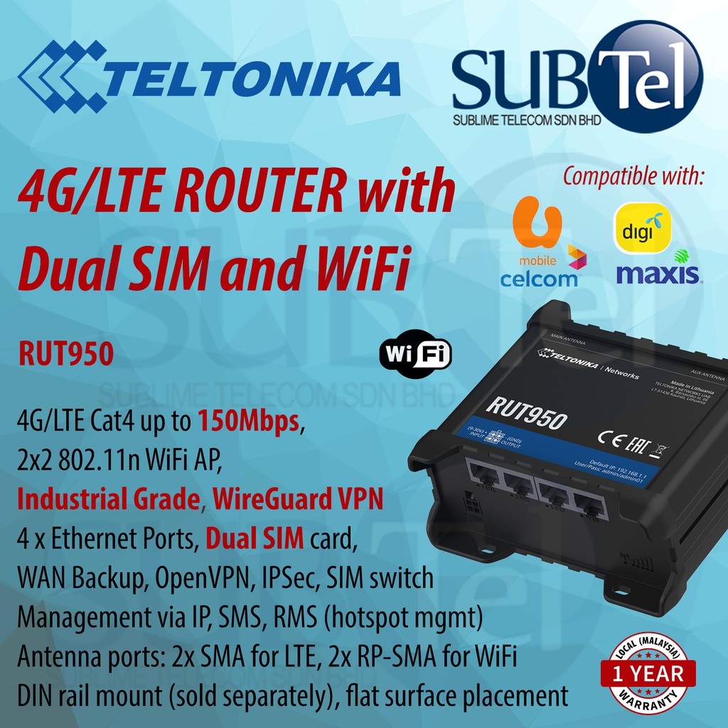 Teltonika RUT950 LTE 4G 3G Router Modem with WiFi AP WireGuard VPN ...