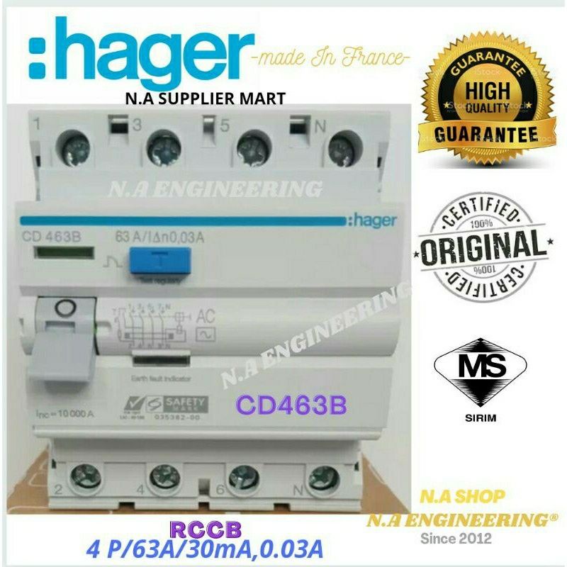 HAGER ELCB 4P 63A 0.03A/30mA CD463B | Shopee Malaysia