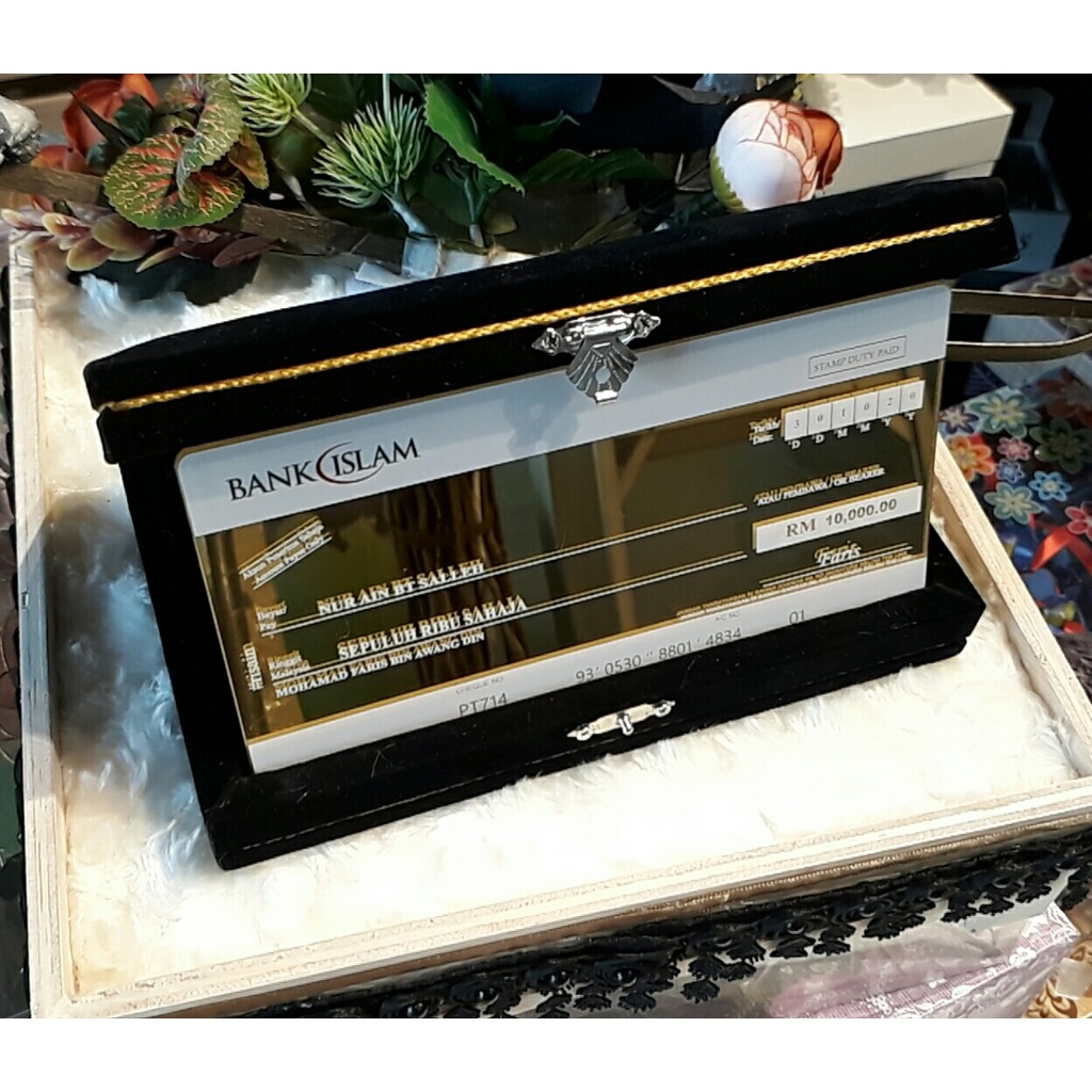 Gold Colour Replika Cek / Mockup Cheque Hantaran Kahwin Dengan KOTAK ...