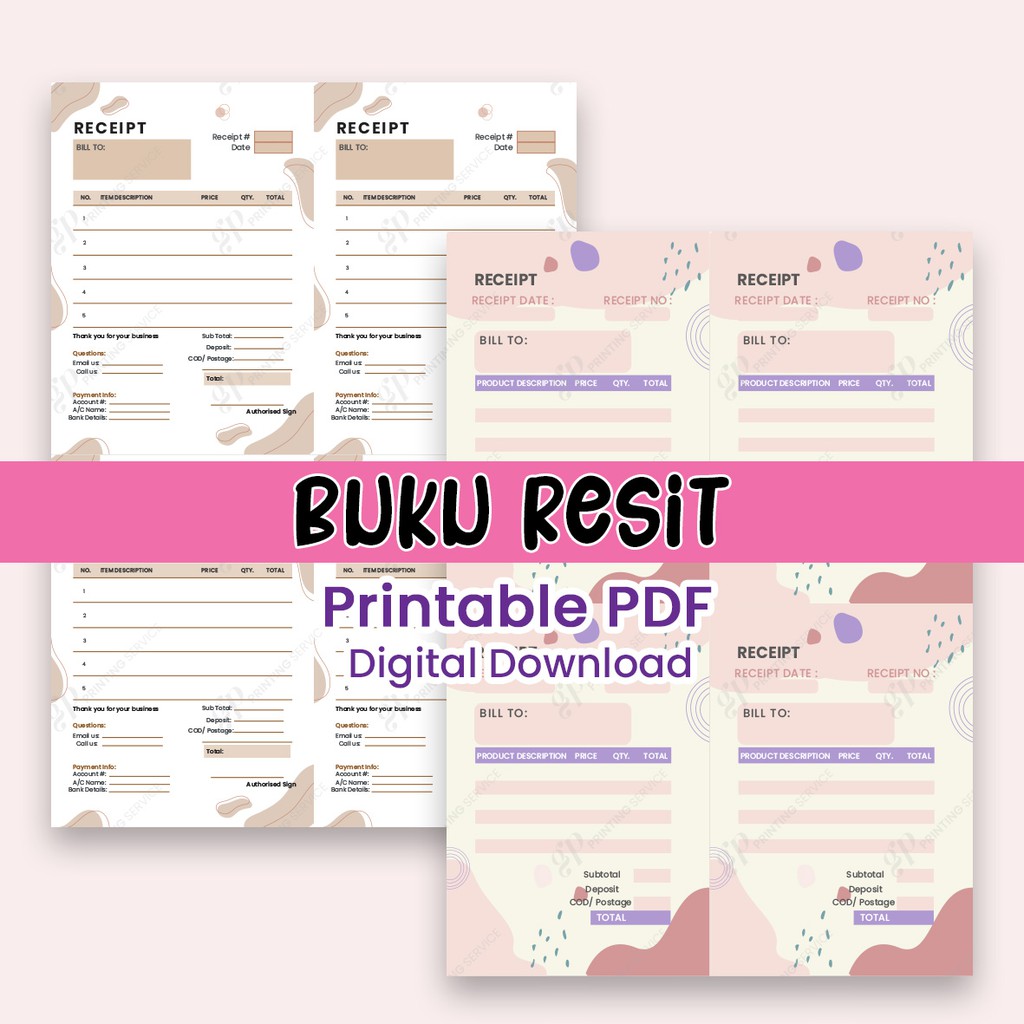 PDF Printable Bill Book | PDF Printable Receipt Book A6 Size | PDF ...