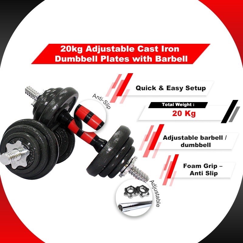 20kg Adjustable Cast Iron Dumbbell Plates with Barbell Combo Set With ...
