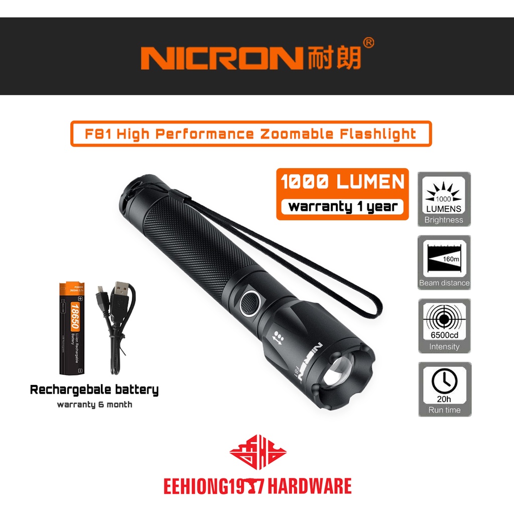 NICRON F81 Focus LED Flashlight Zoomable Rechargeable 1000LM High Lumen ...