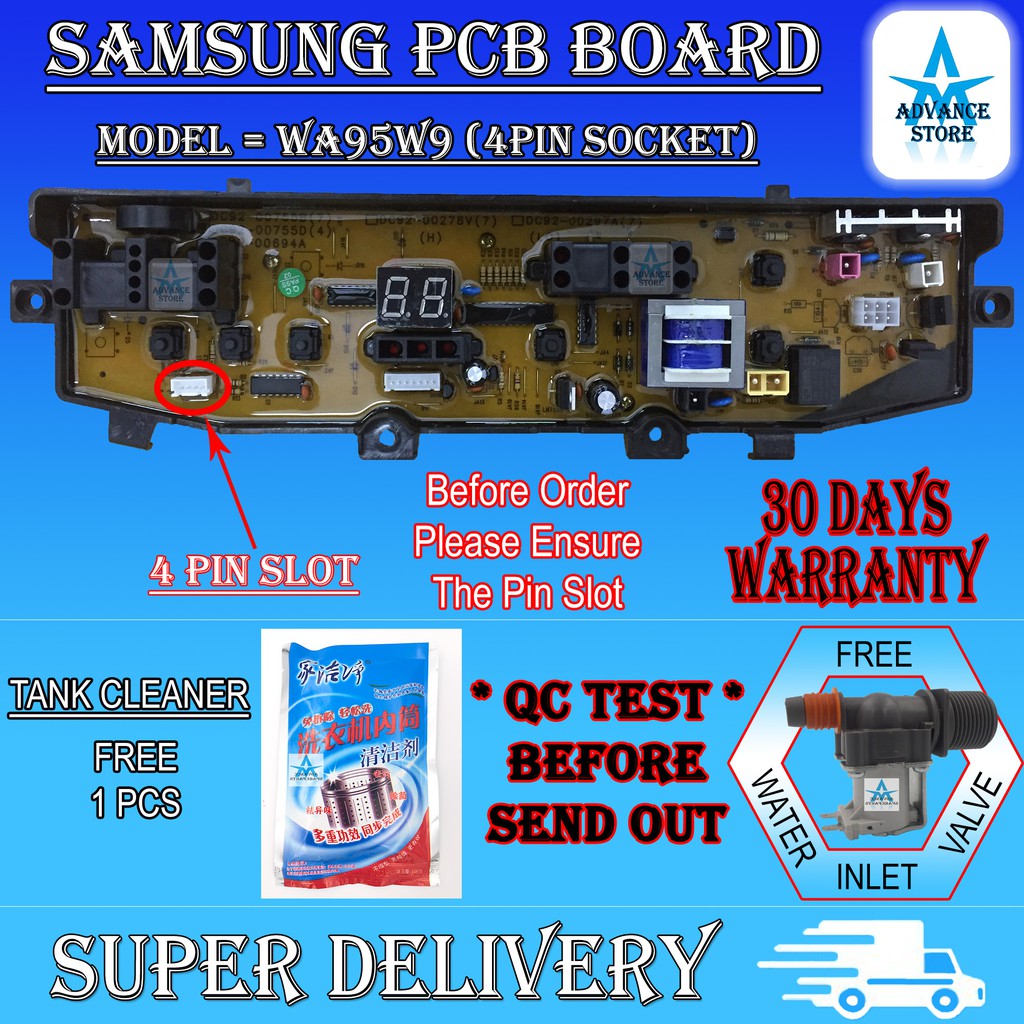 Samsung PCB Board Washing Machine Model = WA95W9 WA95G9 ( 4 Pin Socket ...