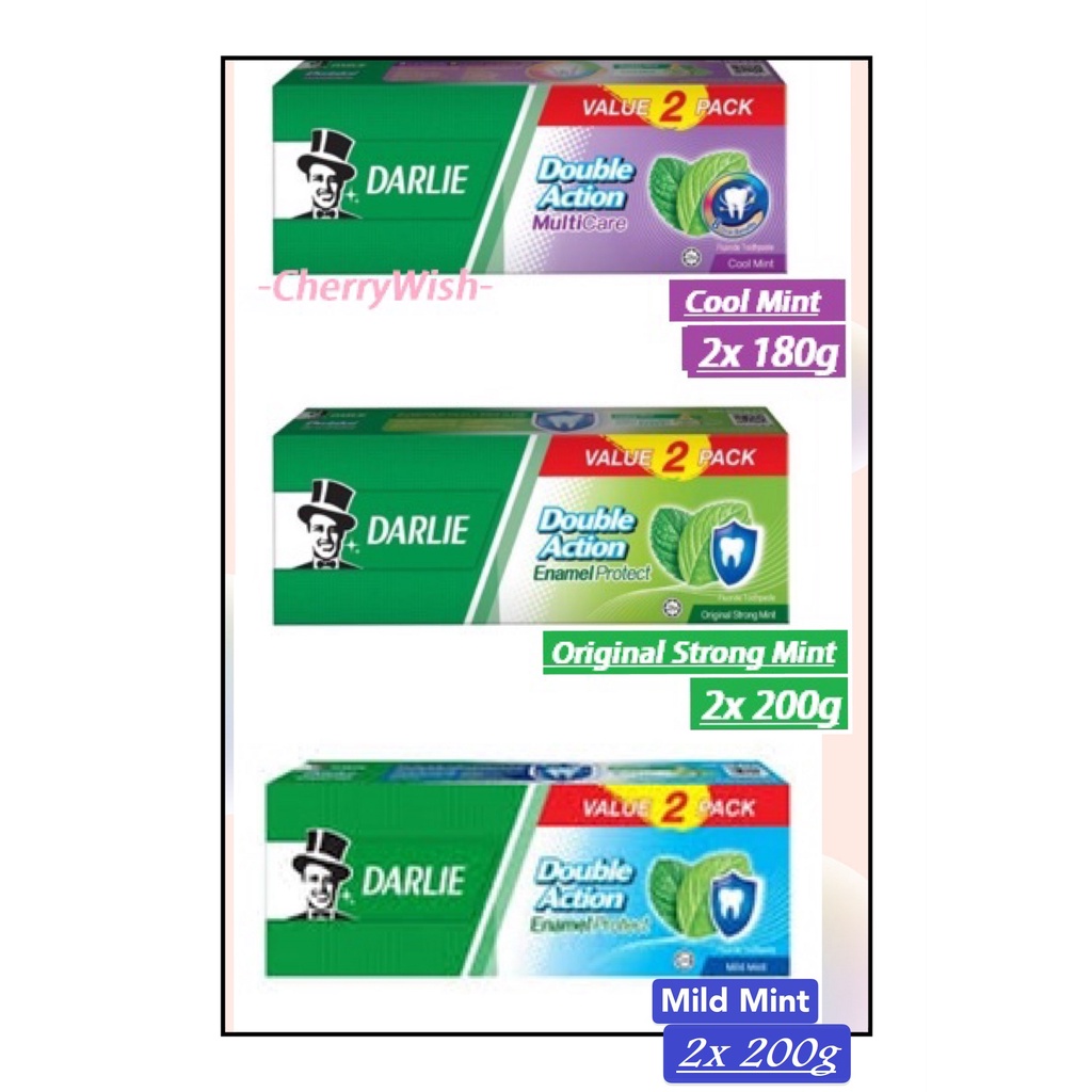 2 x 200g 180g Darlie Double Action Enamel Protect Original Strong Mint / MultiCare Cool Mint ...