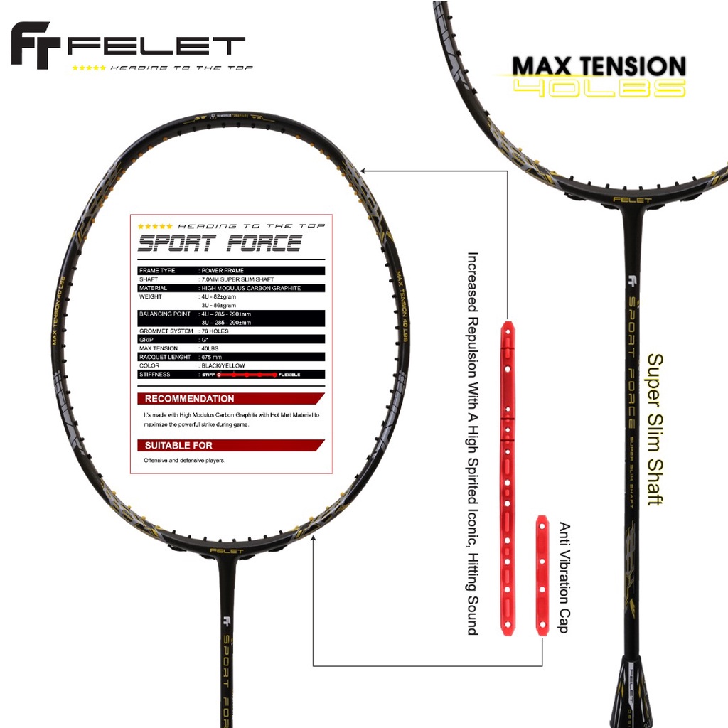 FELET Sport Force Badminton Racket [40LBS] [Red/Blue/Yellow/Orange ...