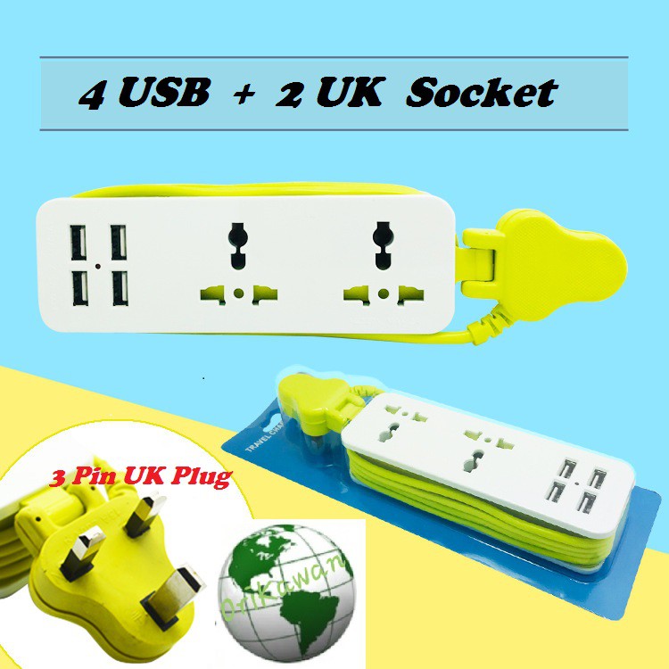 Portable 4 USB + 2 UK Socket Extension Travel 4 USB & 2 Socket (3 Pin ...
