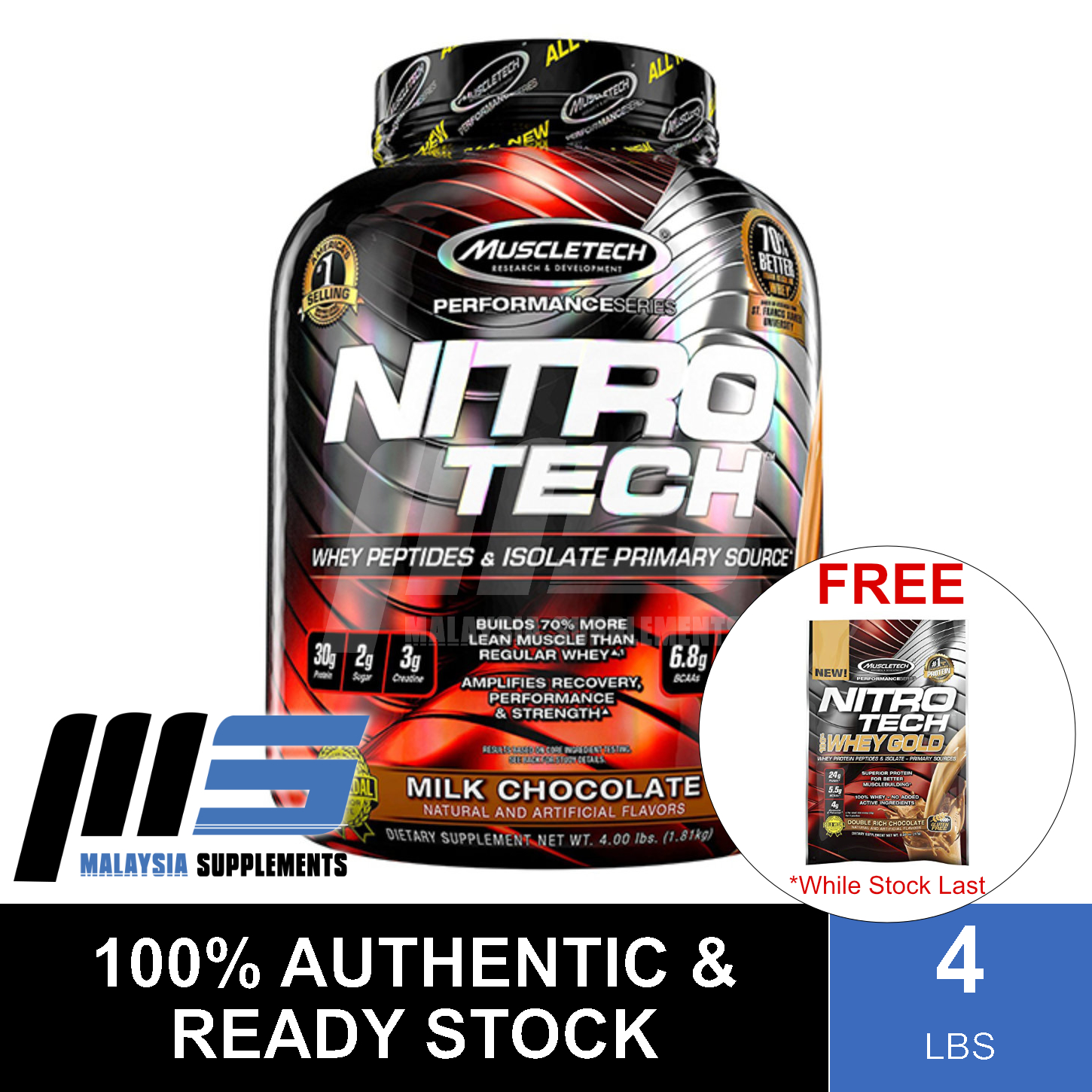 Muscletech Nitro Tech 4lbs Free Sachet Whey Protein Isolate Fast Muscle Recovery Lean