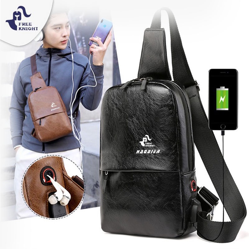 PRIA Freeknight Leather Sling Bag USB Bag Men Leather Shoulder Sling ...