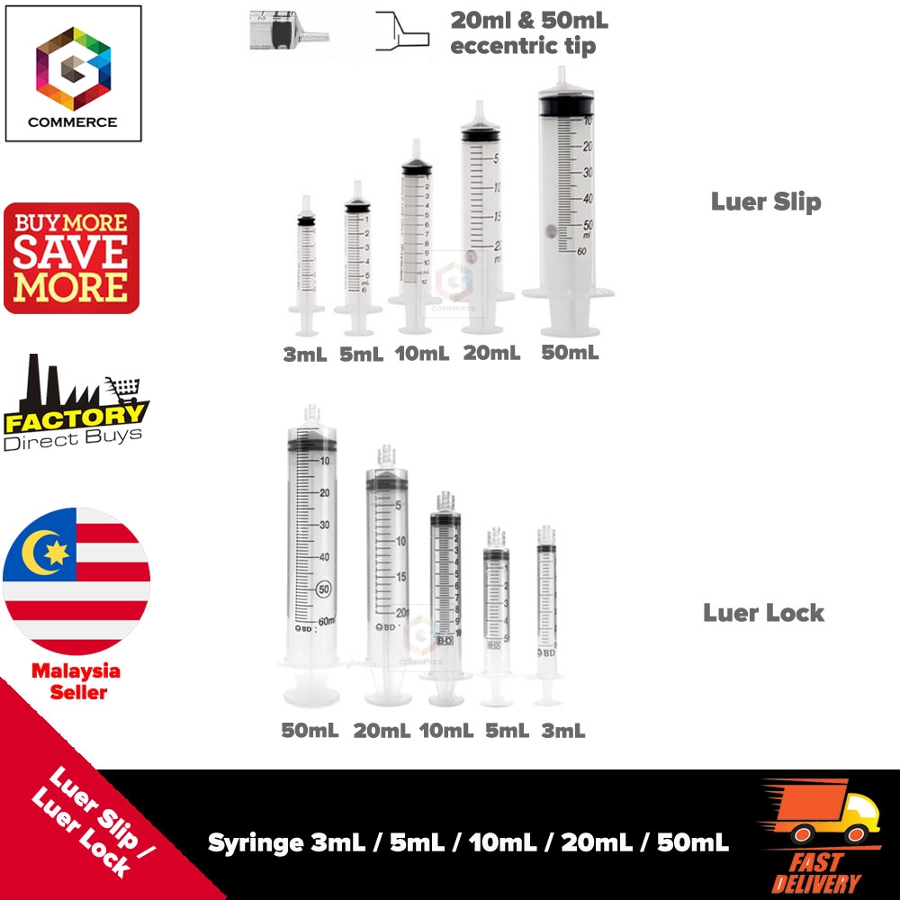 Syringe Luer Slip / Luer Lock Picagari 3mL / 5mL / 10mL / 20mL / 50mL | Shopee Malaysia