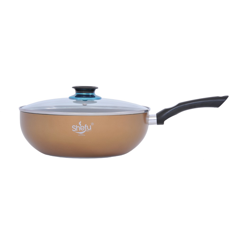 Shefu 28cm Non-stick Aluminium Wok with Tempered Glass Lid Ceramic ...