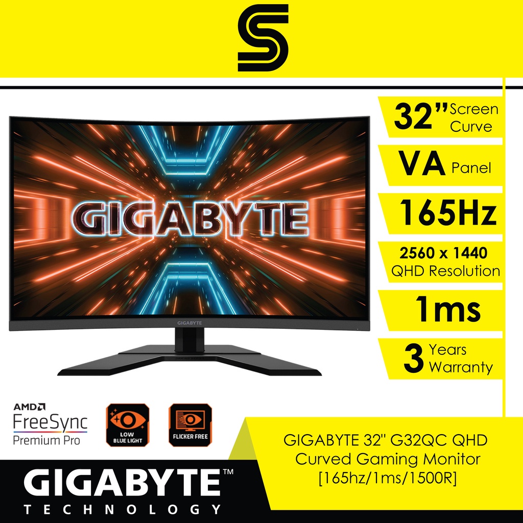 GIGABYTE 32" G32QC-A QHD Curved Gaming Monitor - [165hz/1ms/1500R ...