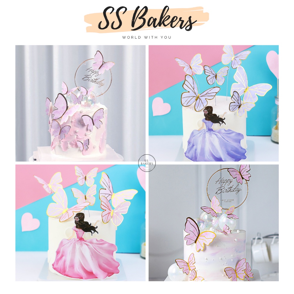 10 Pieces Butterfly Pink Purple Gold Line 1 Piece Pink Purple Lady Cake ...