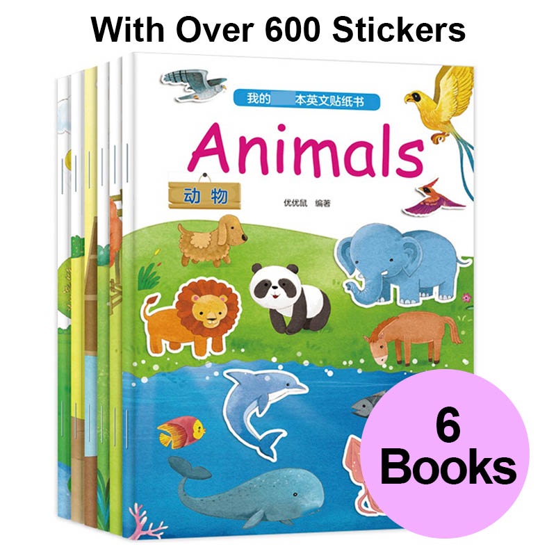 6 Books Set Bilingual Language English Chinese Sticker Books Kids Fun ...