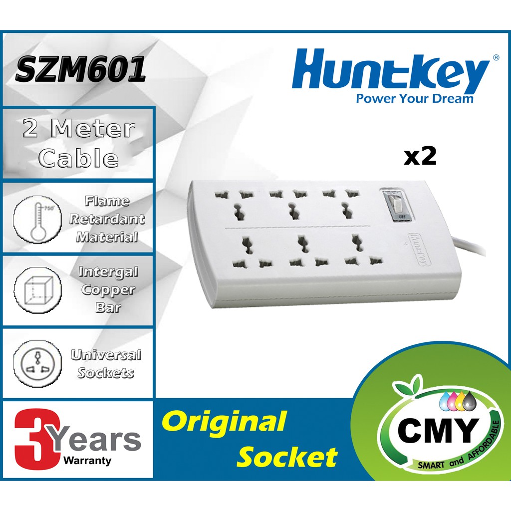Huntkey SZM601 SZM-601 SZM 601 6 Plugs Power Strip Extension Socket Cord 2m Double break safety ...