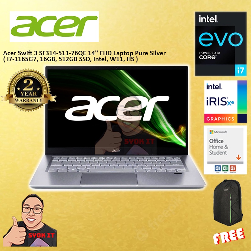 LAPTOP Acer Swift 3 SF314-511-76QE Silver / SF314-511-75A7 STEAM BLUE ( I7-1165G7, 16GB, 512GB ...