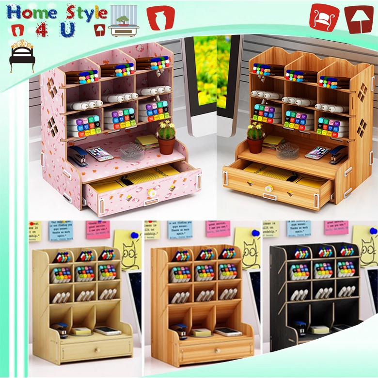 2 Jenis Style Office Student Desktop Multi Layer Pen Holder Wooden Desk ...