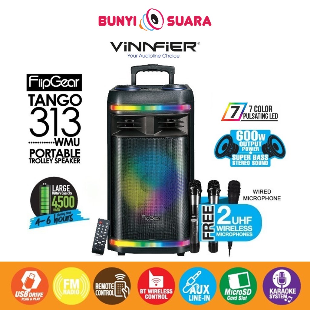 Vinnfier FlipGear Tango 313 WMU Portable Trolley Speaker Free 2x UHF Wireless Mic & 1 Wired Mic ...