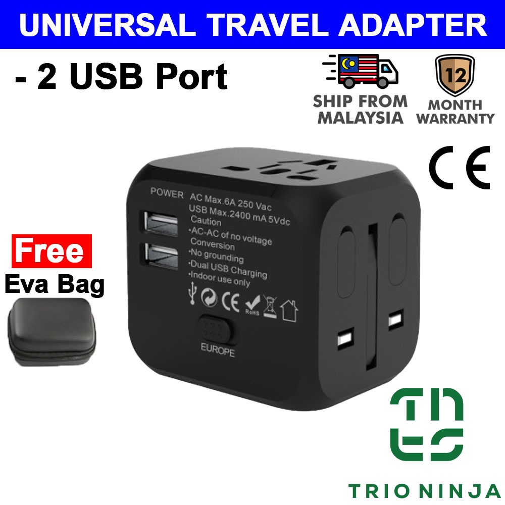 TrioNinja WORLDWIDE UNIVERSAL TRAVELER PLUG ADAPTER 6.3A USB PORT 5V 2 ...