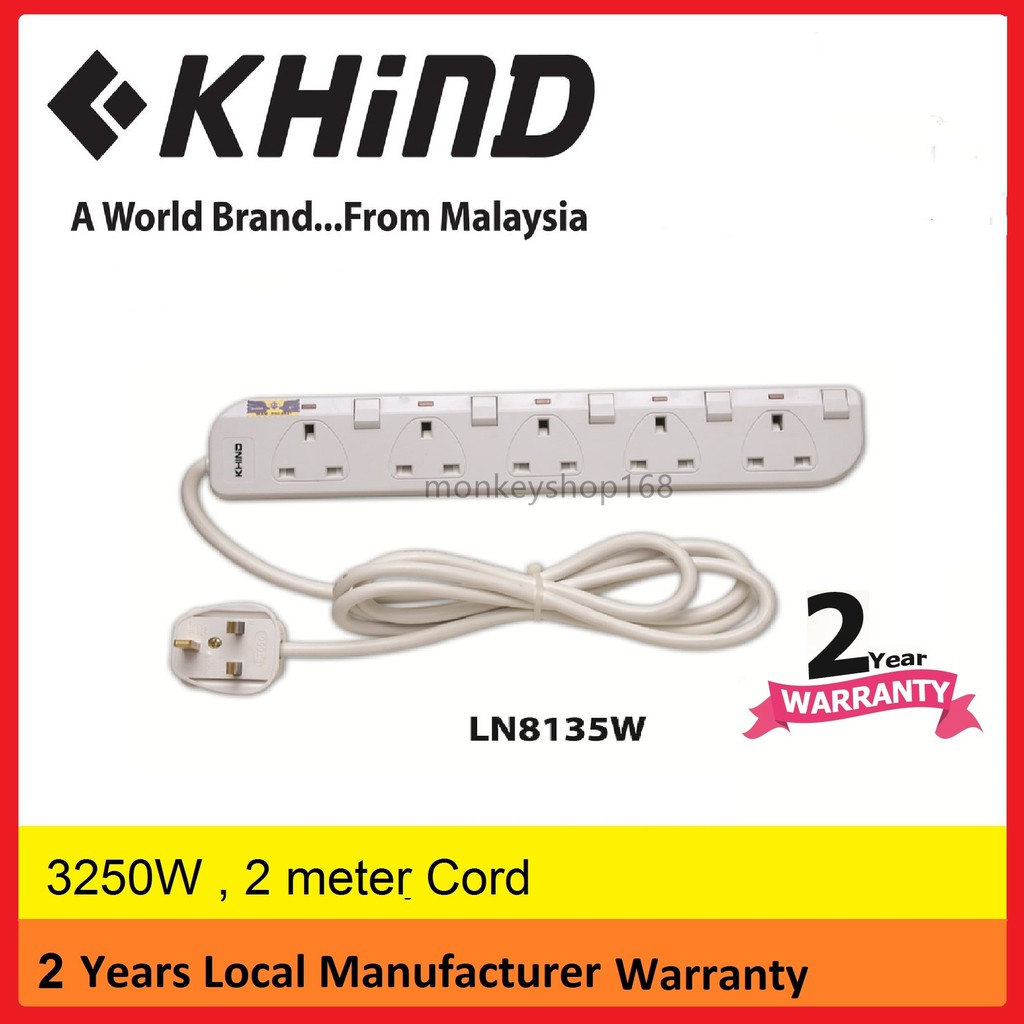 Khind Extension Socket Ln8135w 3250w 2 0m Trailing Socket 2 Year Warranty 3gang 4gang